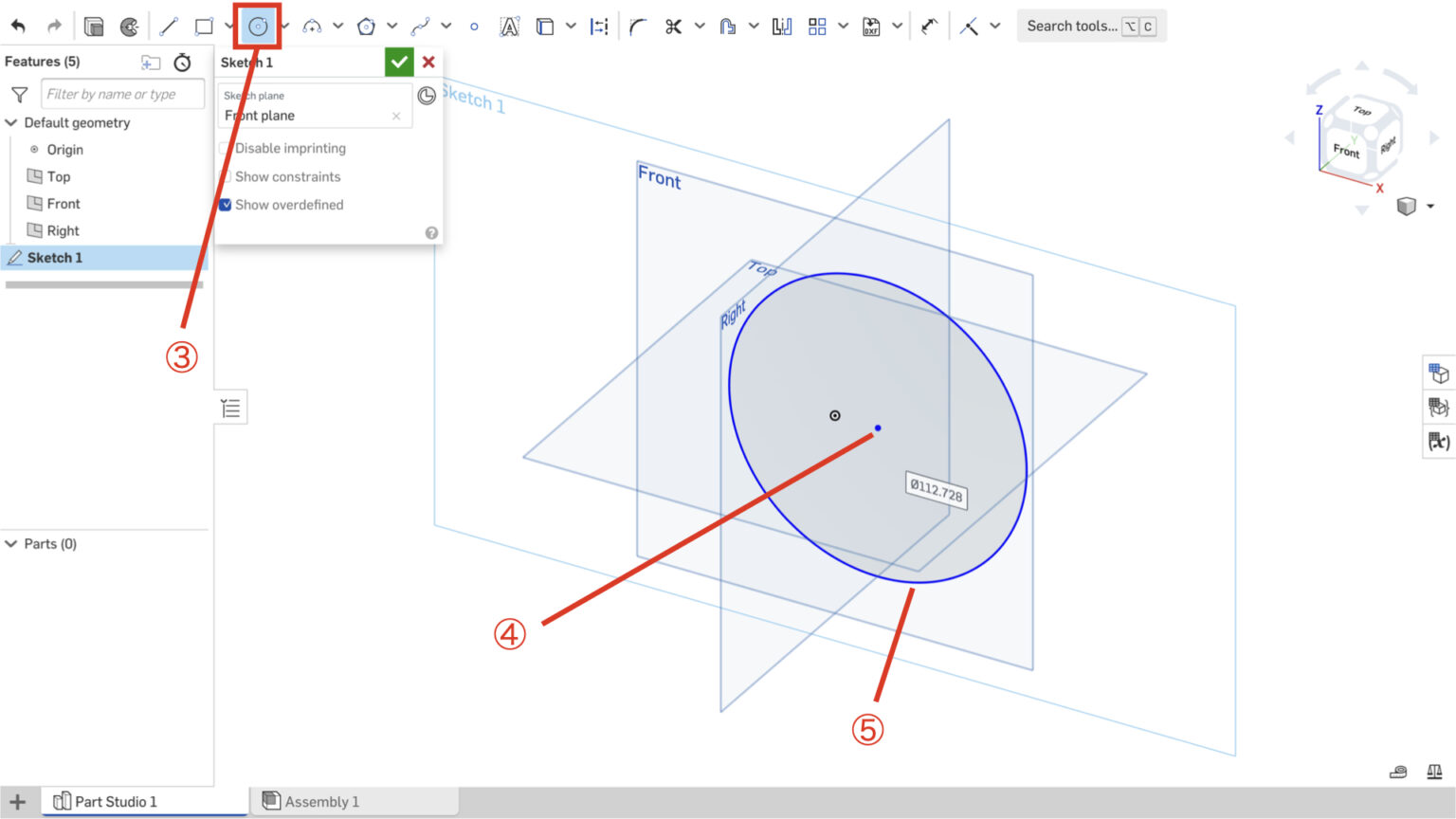 How to use Onshape. Draw circles in the sketch. - わん＆K研修室